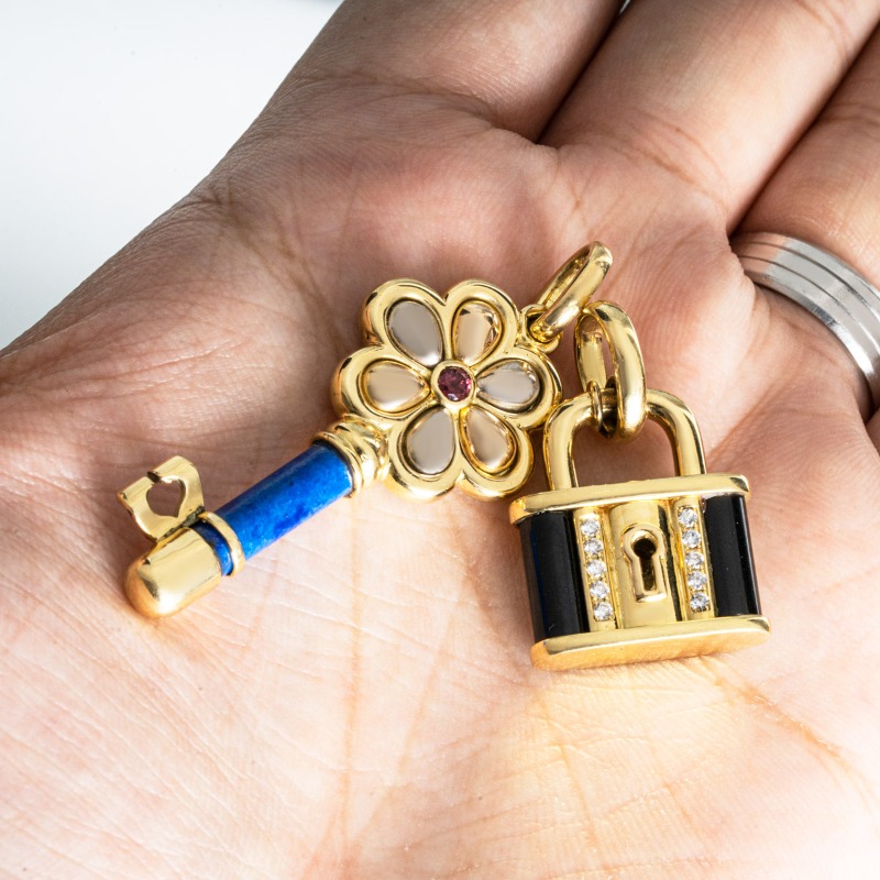 Yellow Gold Multi-Gemstone & Diamond Lock & Key Pendant | Rich Diamonds